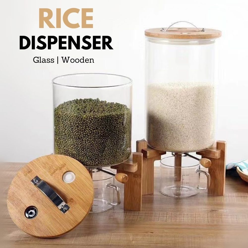 LOCAUPIN Glass Rice Dispenser Airtight Bamboo Lid Stand Grain Bean ...