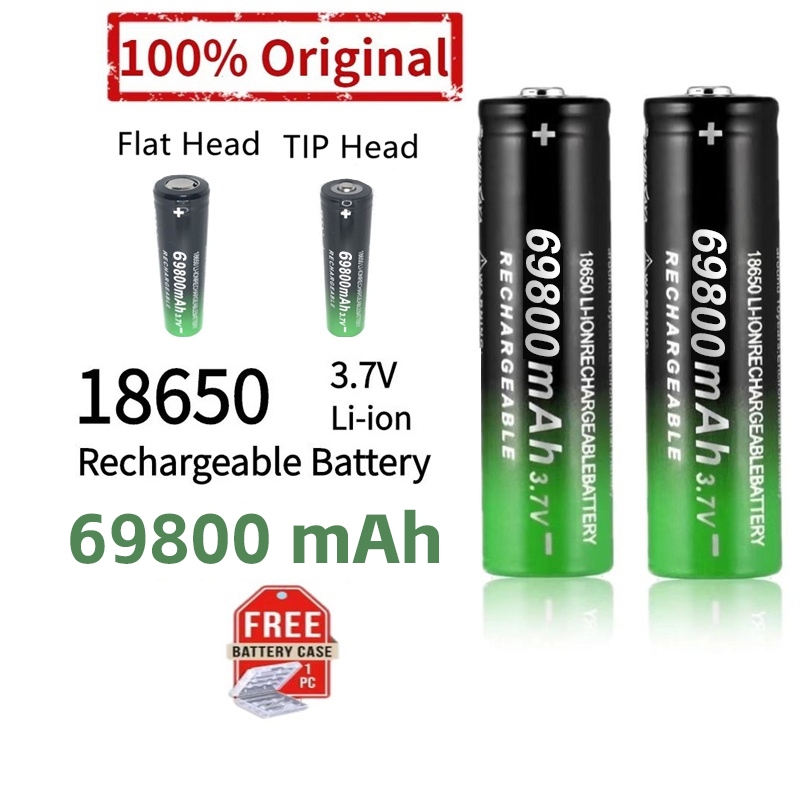 2pcs 18650 69800Mah Rechargeable Battery 3.7V Li-ion Flat pointed Flat ...