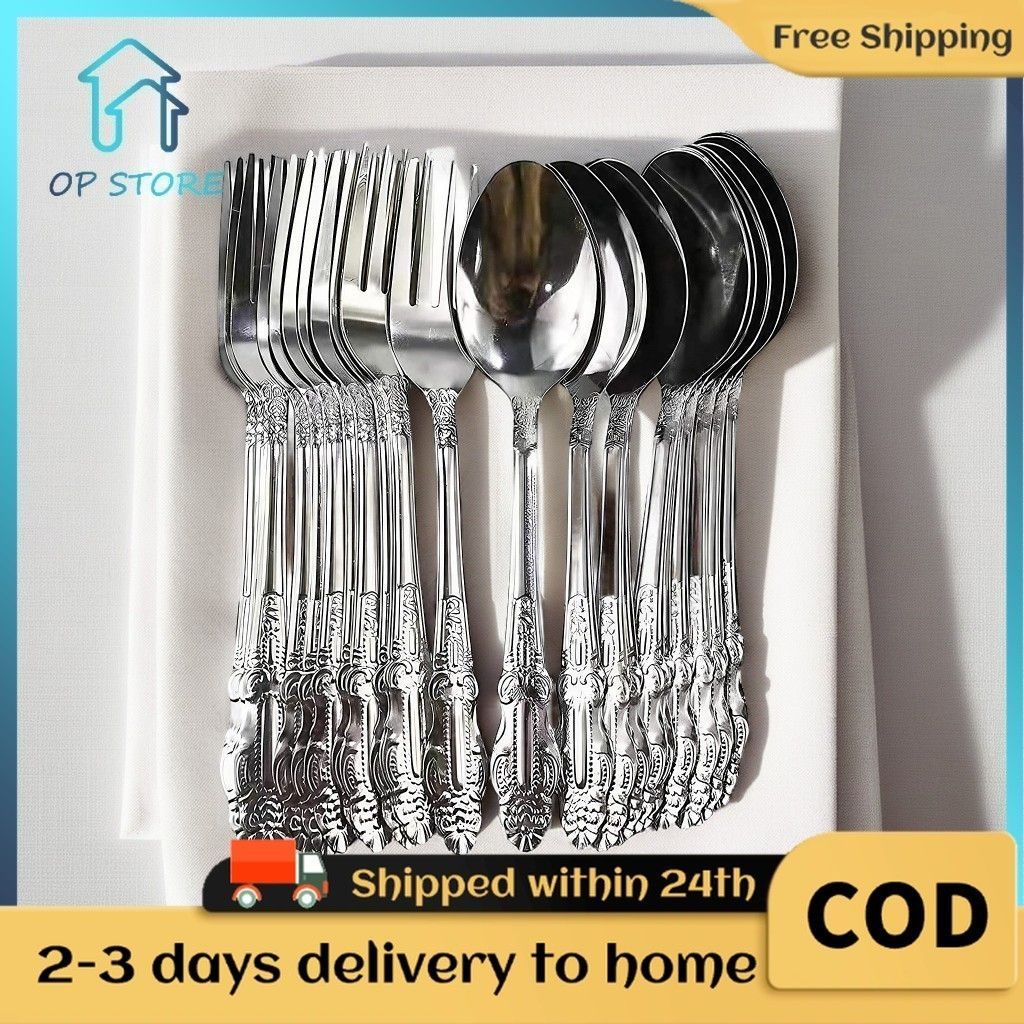 OP 24Pcs Stainless Spoon and Fork set Dinnerware Silver Cutlery Steel ...