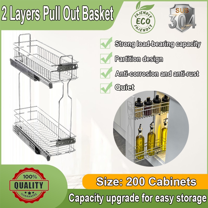 2 Layer Condiment Pull Out Basket Dish Rack for Cabinet Stainless ...