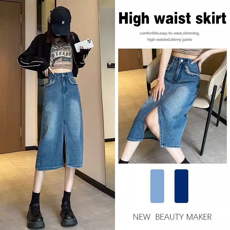 Long skirt Denim for women high waist pencil A-line blue jean skirt ...