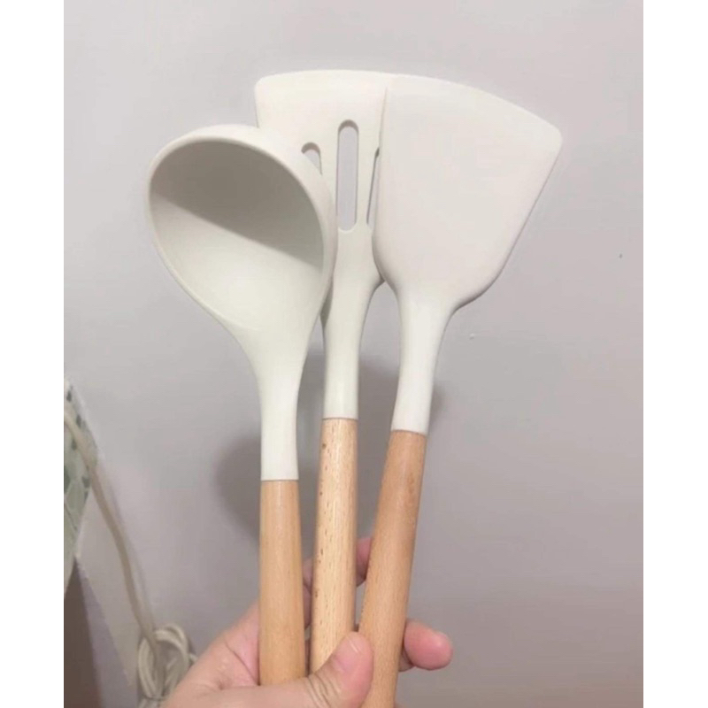 3 in 1 White Silicone Wooden Handle Kitchen Utensils Spatula Cooking ...