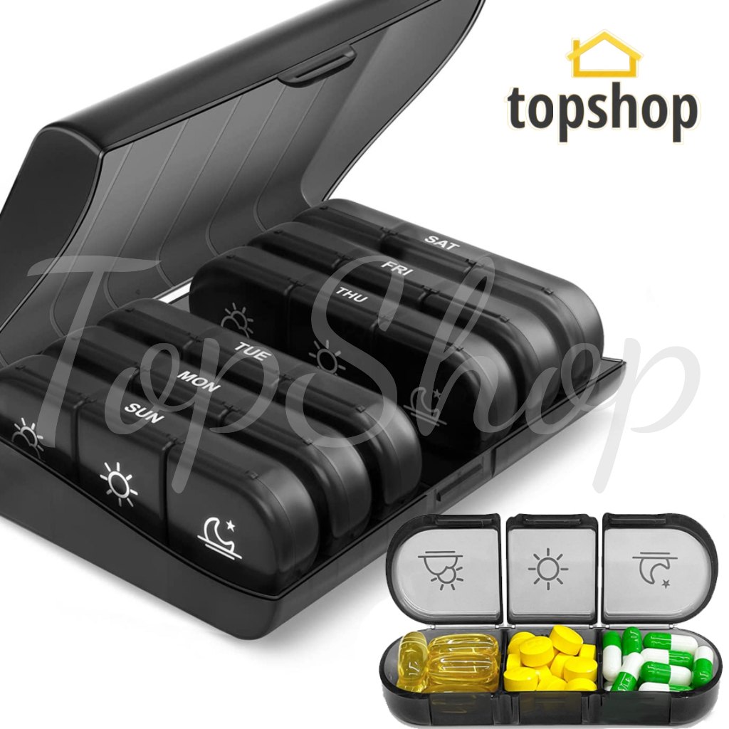 TOPSHOP 7 Days Pill Box Portable Pill Box 21 Grid Black Pill Box ...
