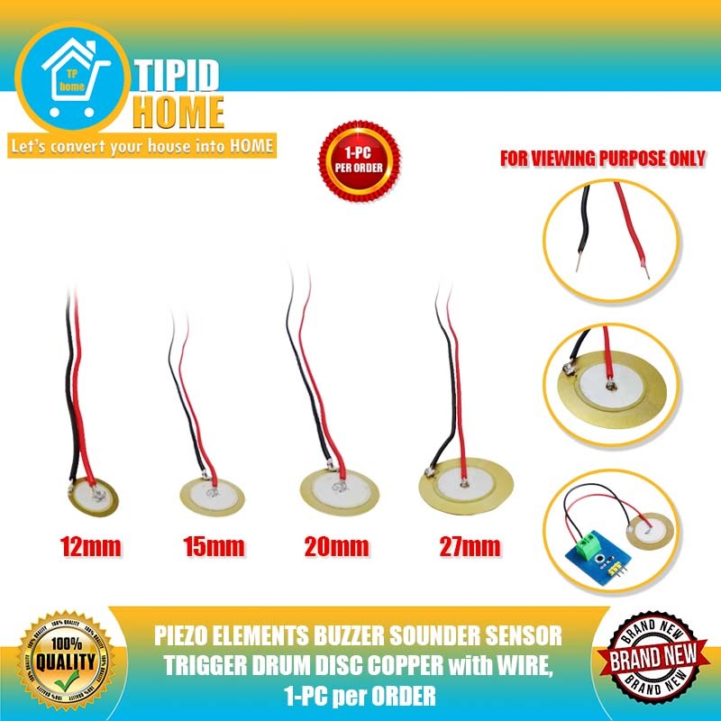 TIPID HOME PIEZO ELEMENTS BUZZER SOUNDER SENSOR TRIGGER DRUM DISC COPPER with WIRE, 1-PC per ...