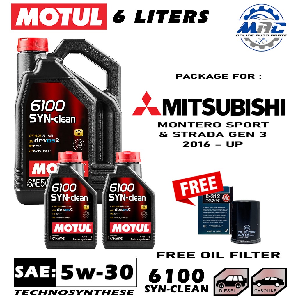 Motul 6100 Syn-Clean 5w-30 6 LITERS ENGINE OIL PACKAGE FOR MITSUBISHI ...
