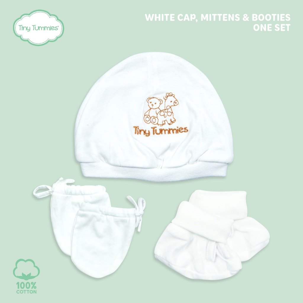 Tiny Tummies 3in1 Newborn Baby Set Bonnet Cap, Mittens & Booties White ...