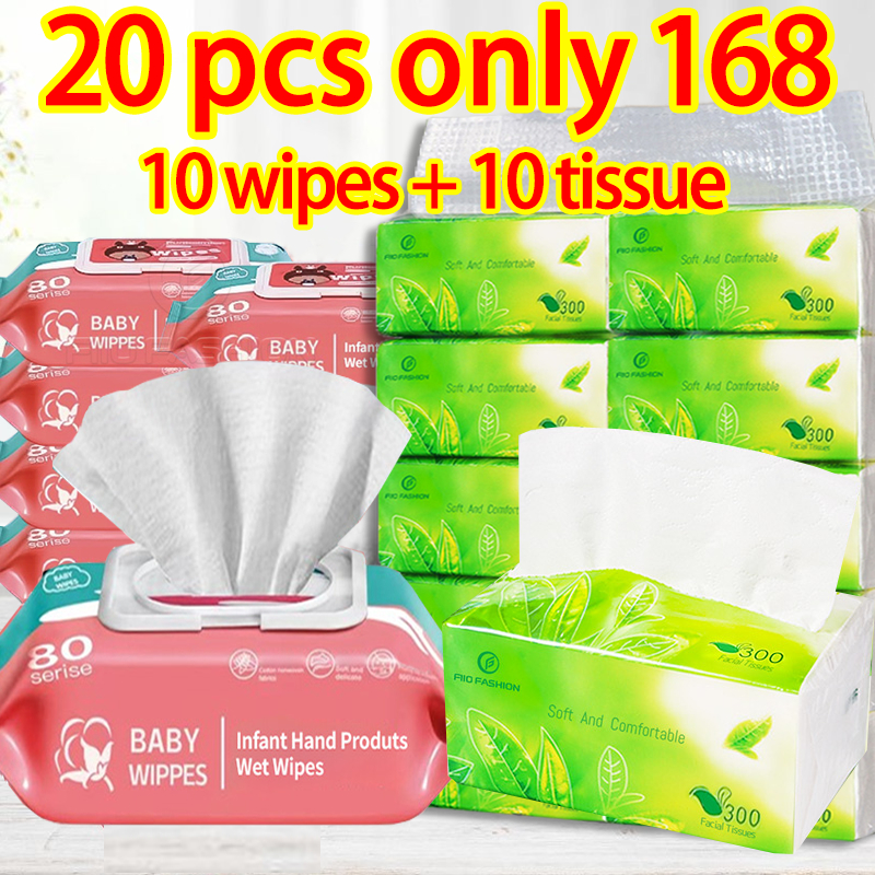 20PCS baby wipes and tissue bundle Combo Unscented baby wipes 10 packs ...