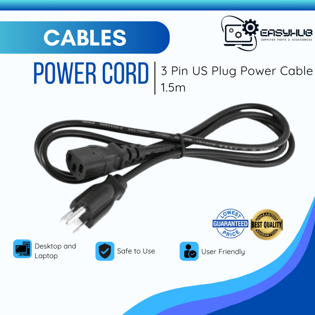 3 pin power extension cords US plug power cable for pc computer monitor | Shopee Philippines