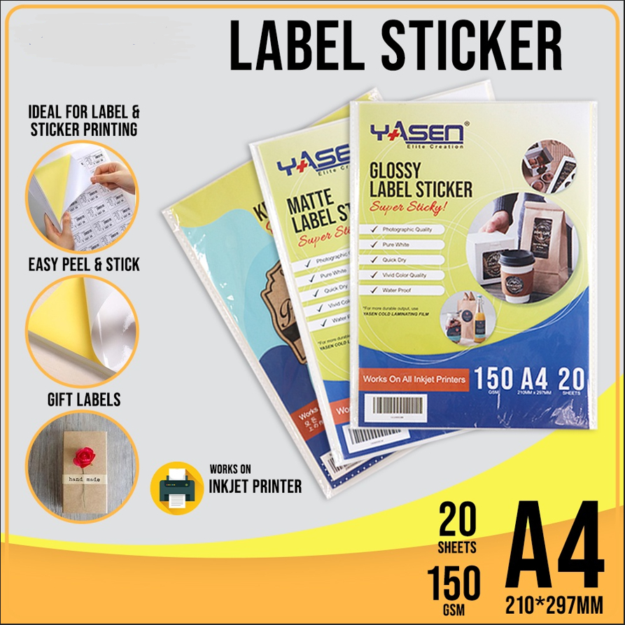 Yasen Sticker Paper A4 Label Sticker Matte, Glossy & Kraft (150GSM ...