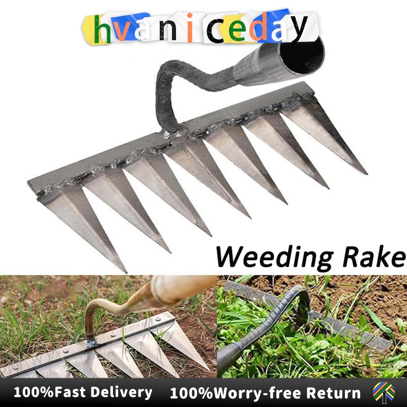 Heavy Duty Garden Rake Weeding Rake with 7 Metal Tines for Lawn ...