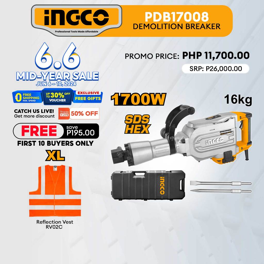 INGCO 1700W Concrete Percussion Demolition Jack Hammer Breaker Chipping ...