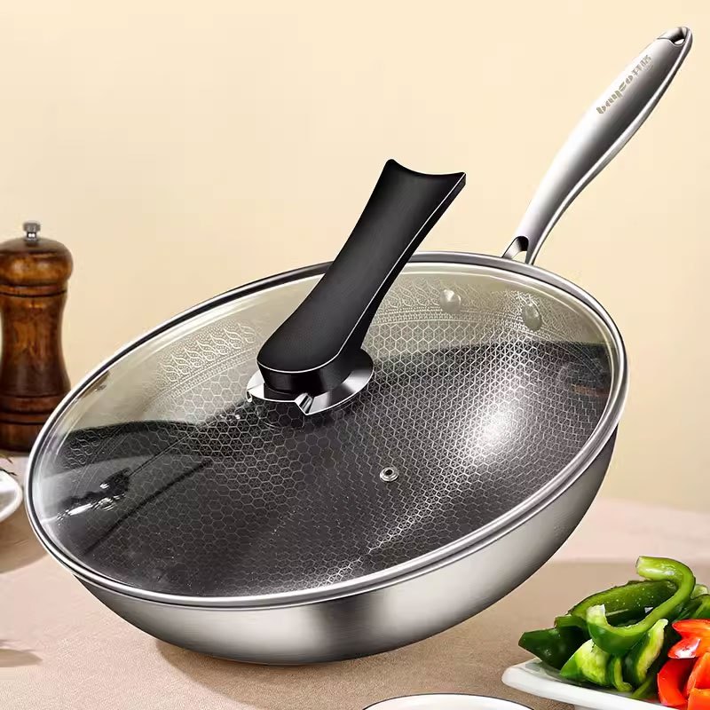 Frying pan non stick with cover Stainless steel wok pot 32/34cm Gas ...