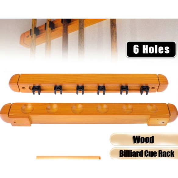6 Holes Wooden Billiard Stand Wall Mount Snooker Stick Rack Pool Cue ...