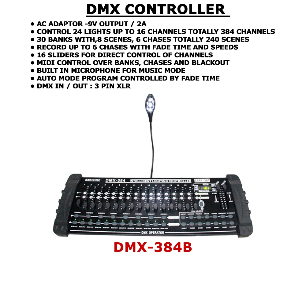 DMX-384B PROFESSIONAL INTELLIGENT DMX CONTROLLER | 384 CHANNEL STAGE LIGHT CONSOLE | GOOSENECK ...