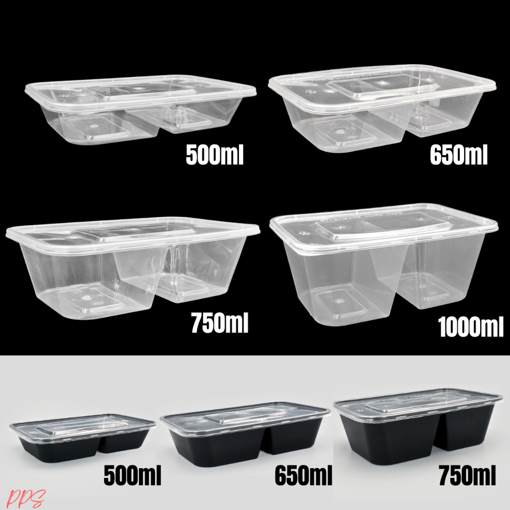 10pcs 2 Division Microwavable Container Plastic Disposable Lunch Box 500ml/650ml/750ml/1000ml ...