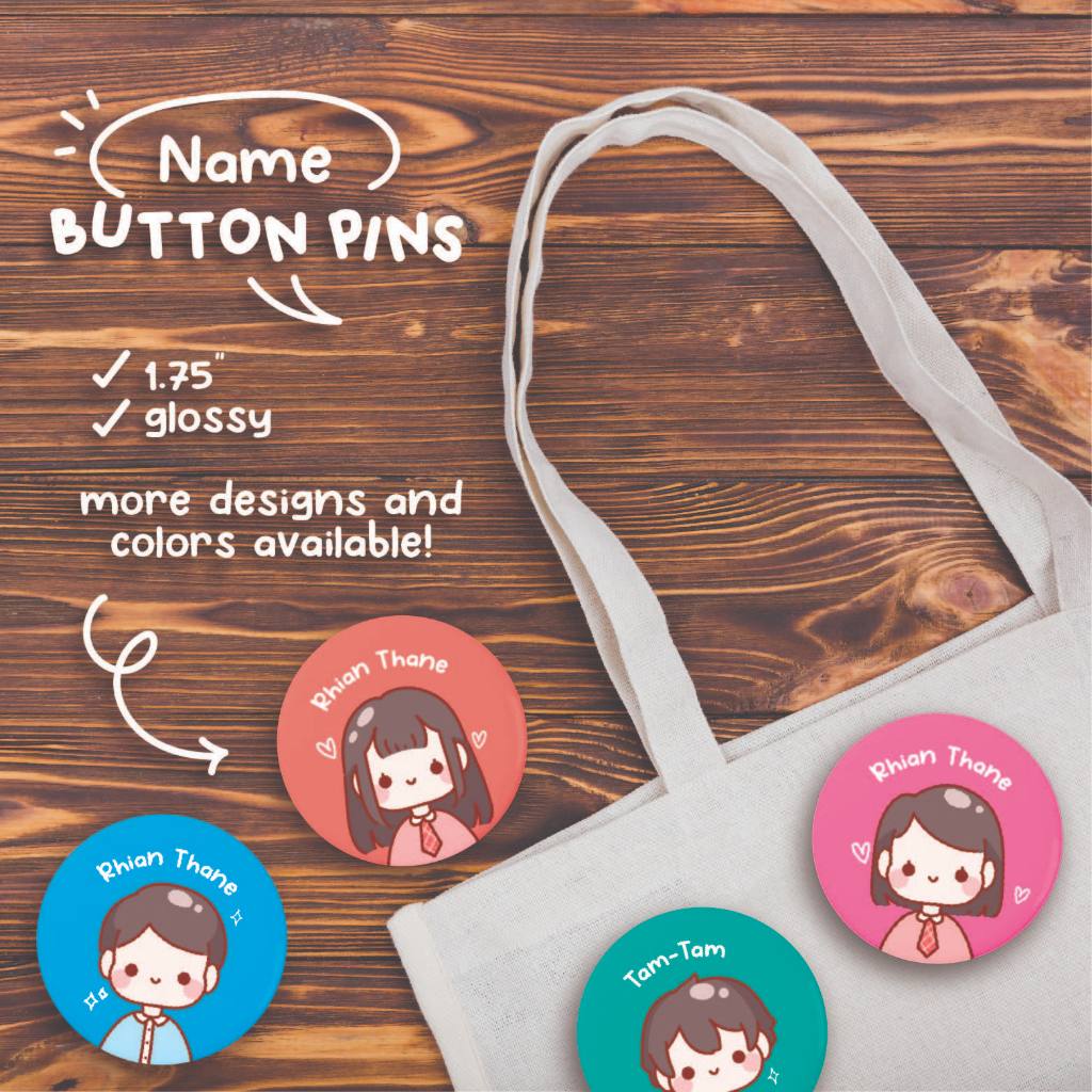 Name Button Pins | 1.75" Glossy | For bags, ID laces, and more ...