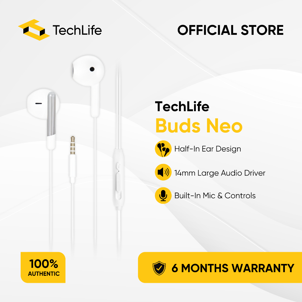 TechLife Buds Neo | Built-In Mic & Controls | 3.5mm & Type-C | Water ...