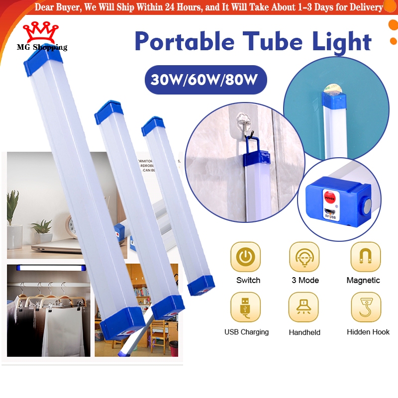 USB Rechargeable Led Light Tube 30W 60W 80W LED Lamp Portable Emergency ...