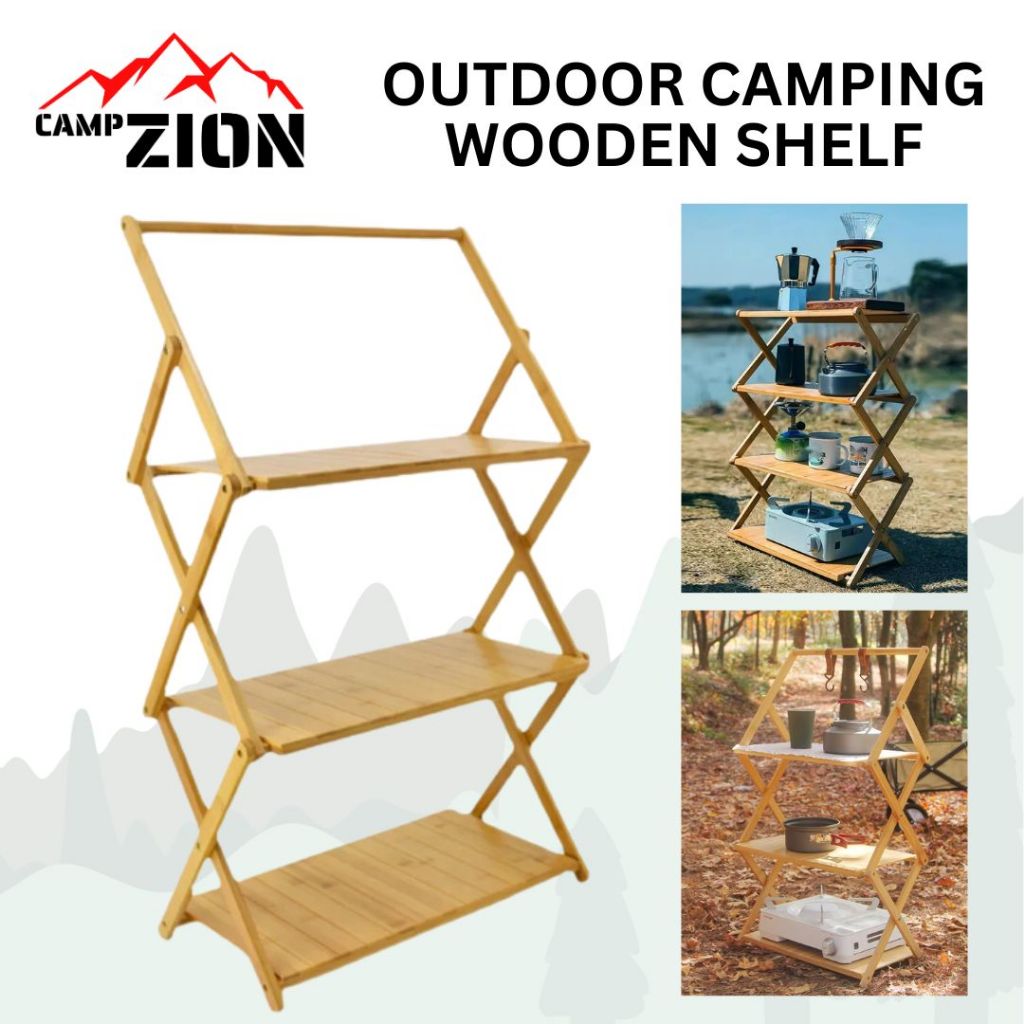 Multi-Layer Wooden Shelf Folding Display Rack With Hook Camping Storage ...