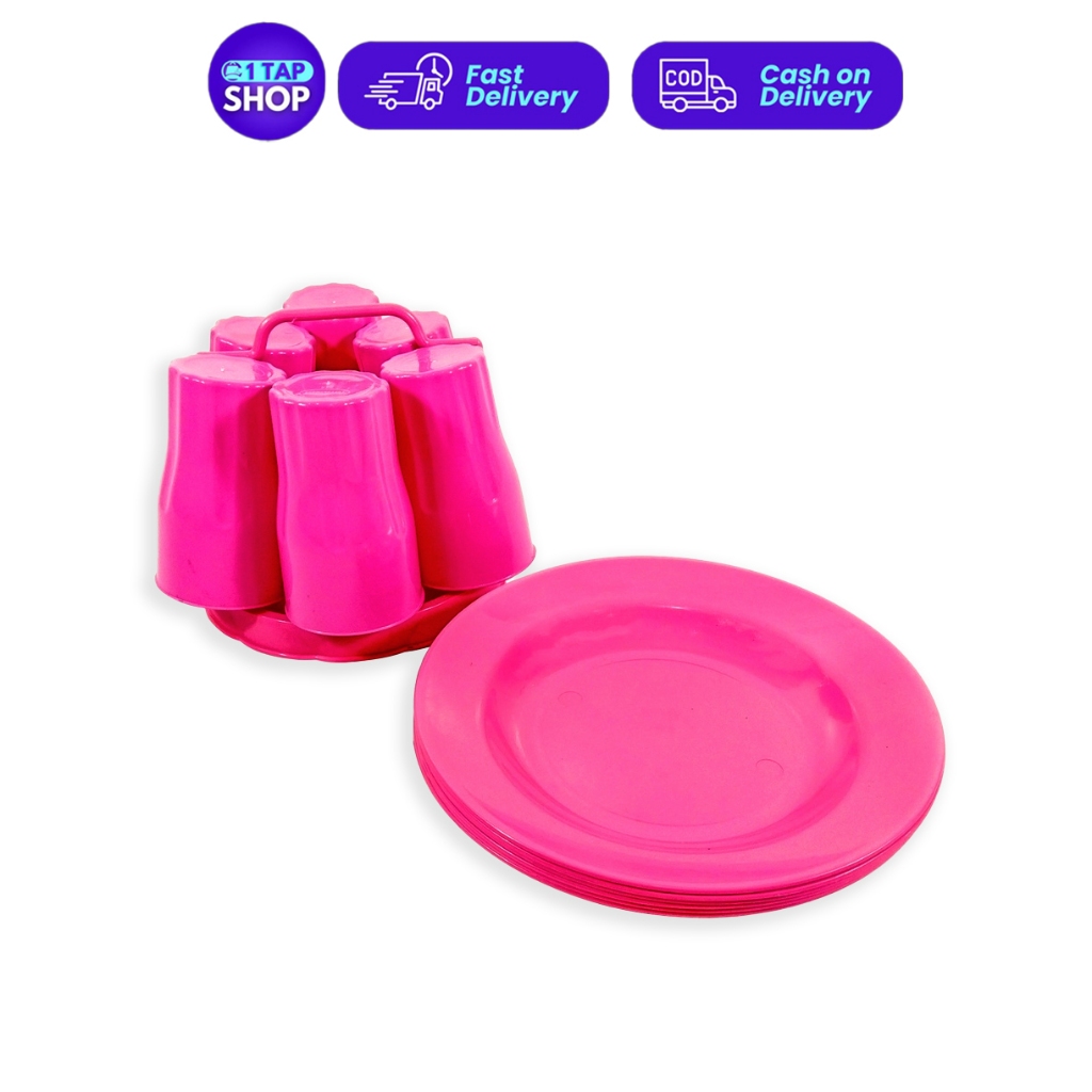 1Tap #7539 6pcs Plastic Drinking Cups with Holder and Plates Set Plato ...