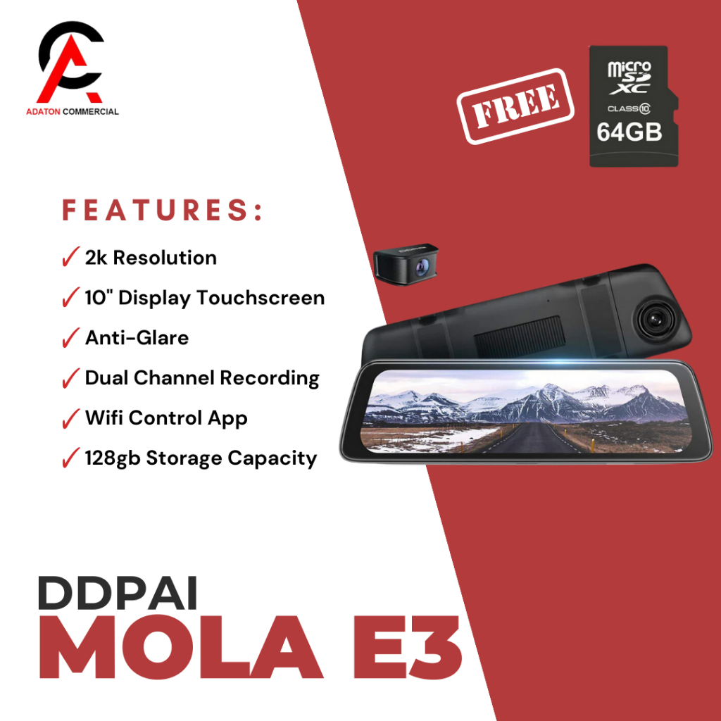 DDPAI MOLA E3 with SD Card, 2k Resolution, 10" display touchscreen, Dual Camera, Anti-glare ...