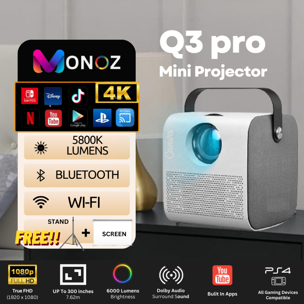 Q3 PRO Portable Smart Mini 4K Full HD Projector IOS / Android WiFi Bluetooth HDMI Projector Home ...