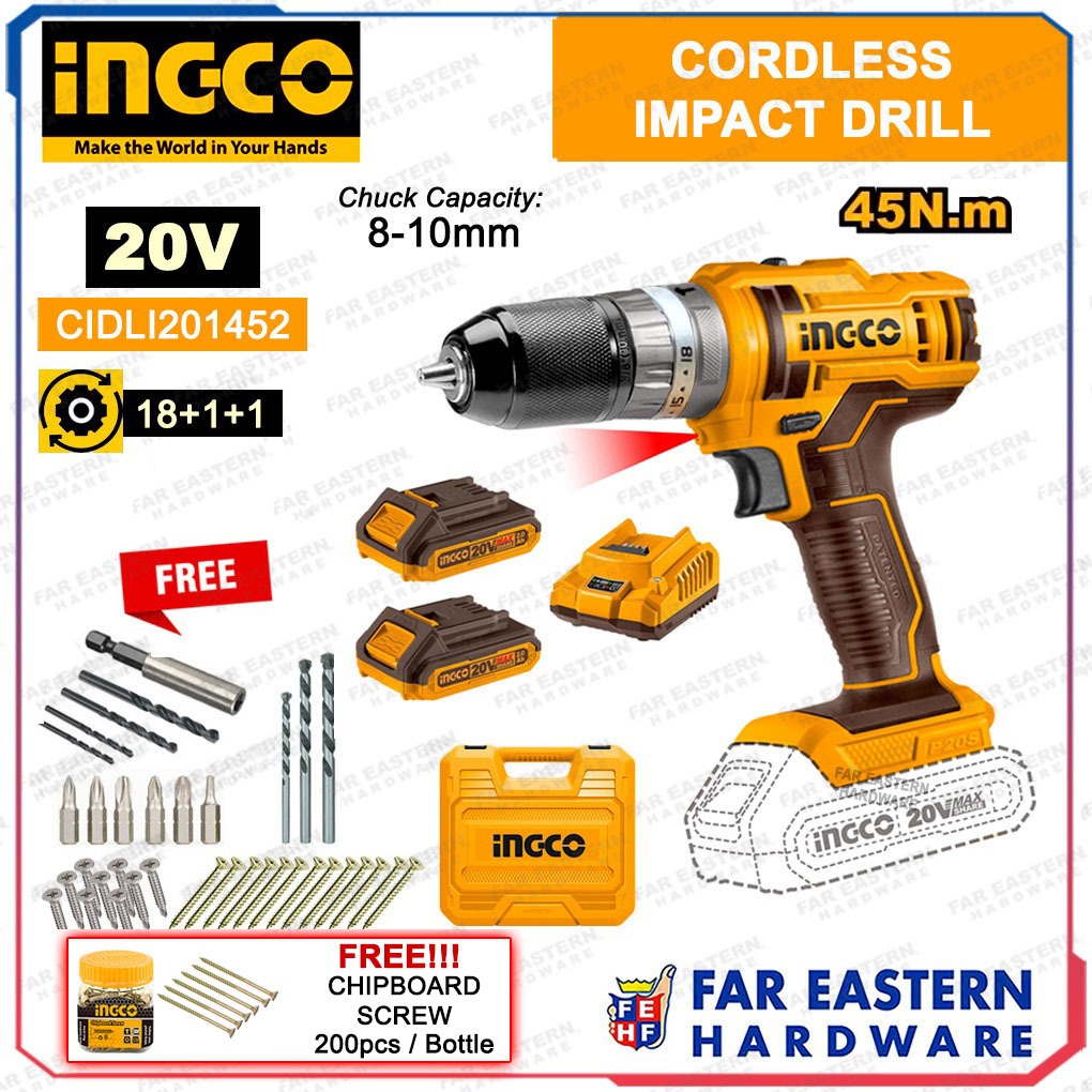 INGCO Cordless Impact Hammer Drill 10mm 20V w/ Battery & Charger ...