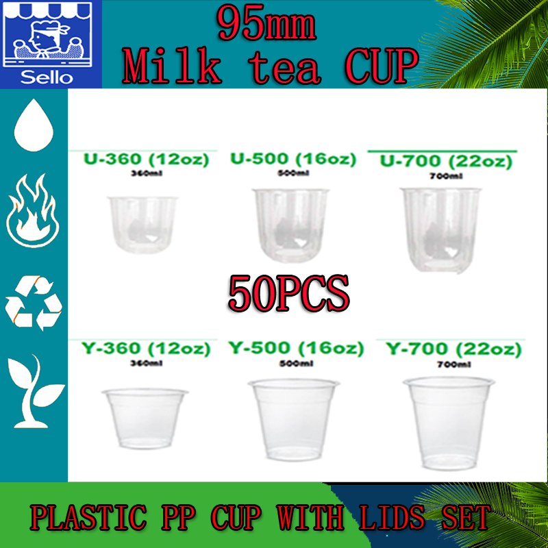 (50pcs) with Lids SET (8oz, 12oz, 16oz, 22oz) carry 95mm for Milk tea ...