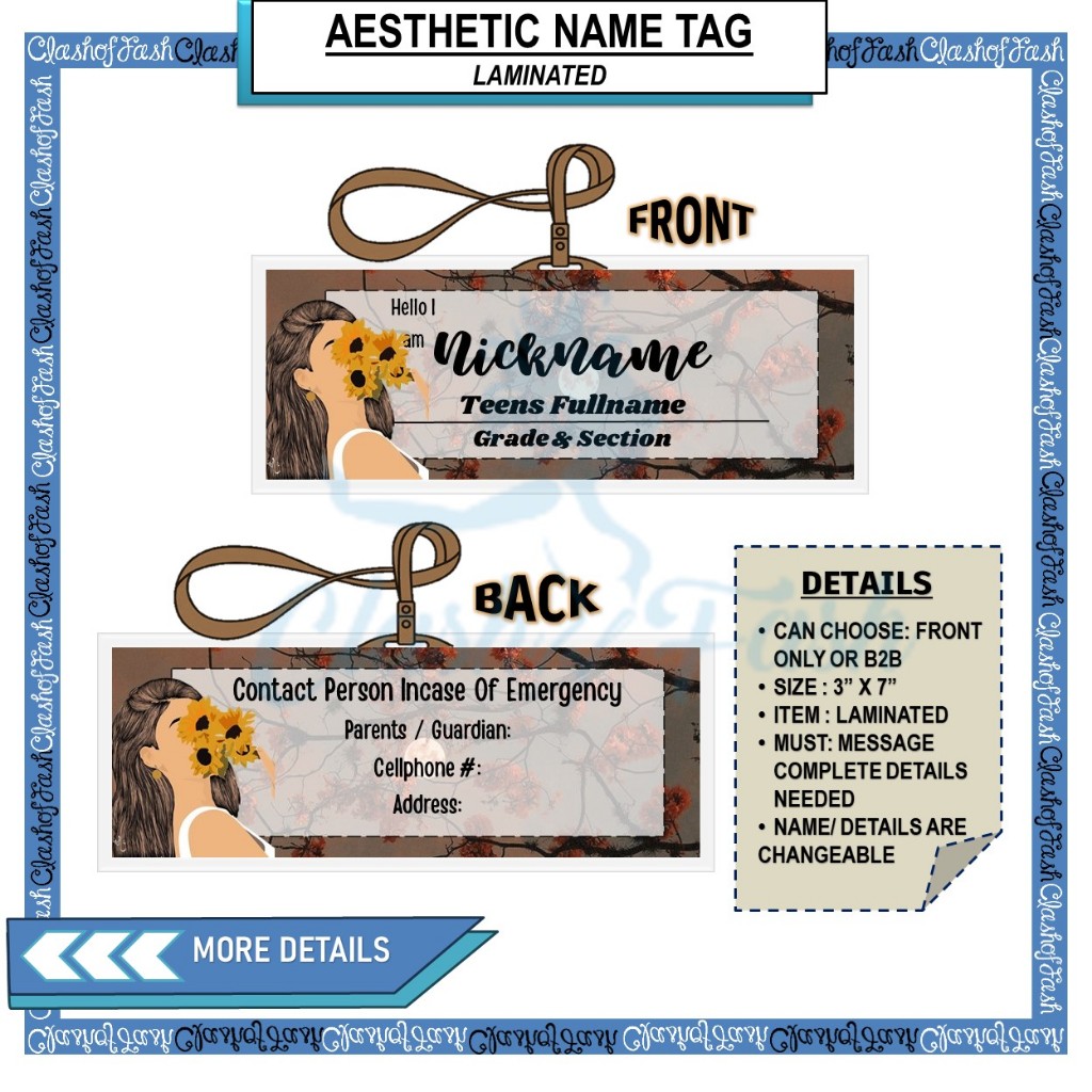 LAMINATED NAME TAG: AESTHETIC DESIGN | FOR FEMALE TEENS | SIZE: 3"x7 ...