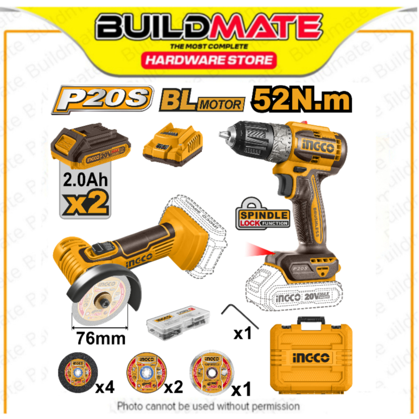 (EXCLUSIVE) BUILDMATE Ingco 2PCS Combo Set 20V Cordless Drill & Mini ...
