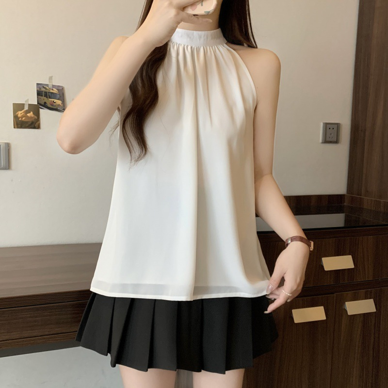 korean basic Chic Halter Pleated Flowy Top | Full-Length Sleeveless ...
