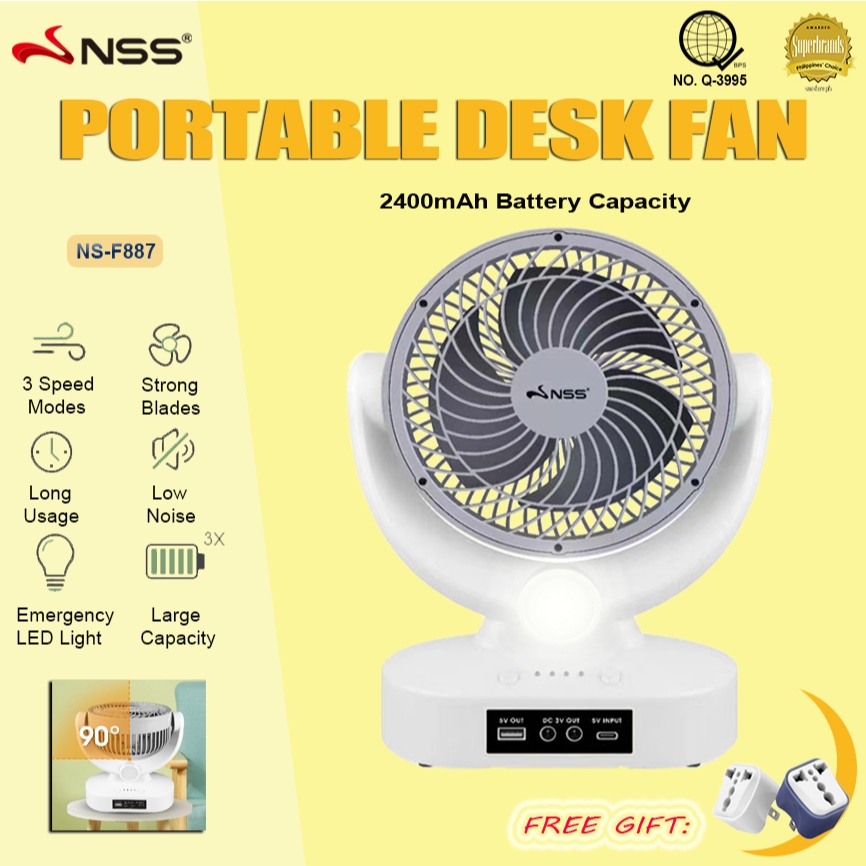 NSS 8 Inch Desk Fan Angle Adjust Portable Fan With LED Emergency Light ...
