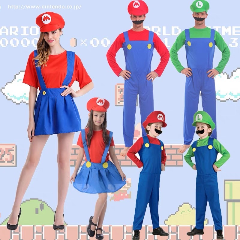 Super Mario Costume for Kids Boy Adult Men women costume jumpsuit Mario ...