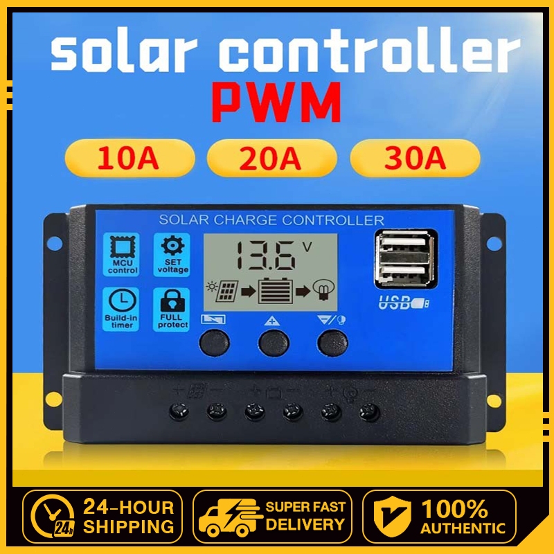 10/20/30A PWM Solar Panel Regulator Charge 12V/24V Controller battery charger LCD | Shopee ...