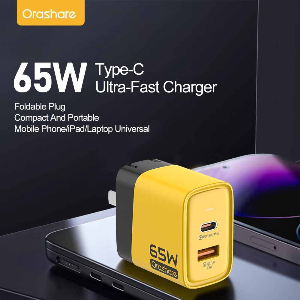 Orashare C65 PD 65W Type C Fast Charger Dual Output Quick Charge Adapter For Laptops PD3.0 QC3.0 ...