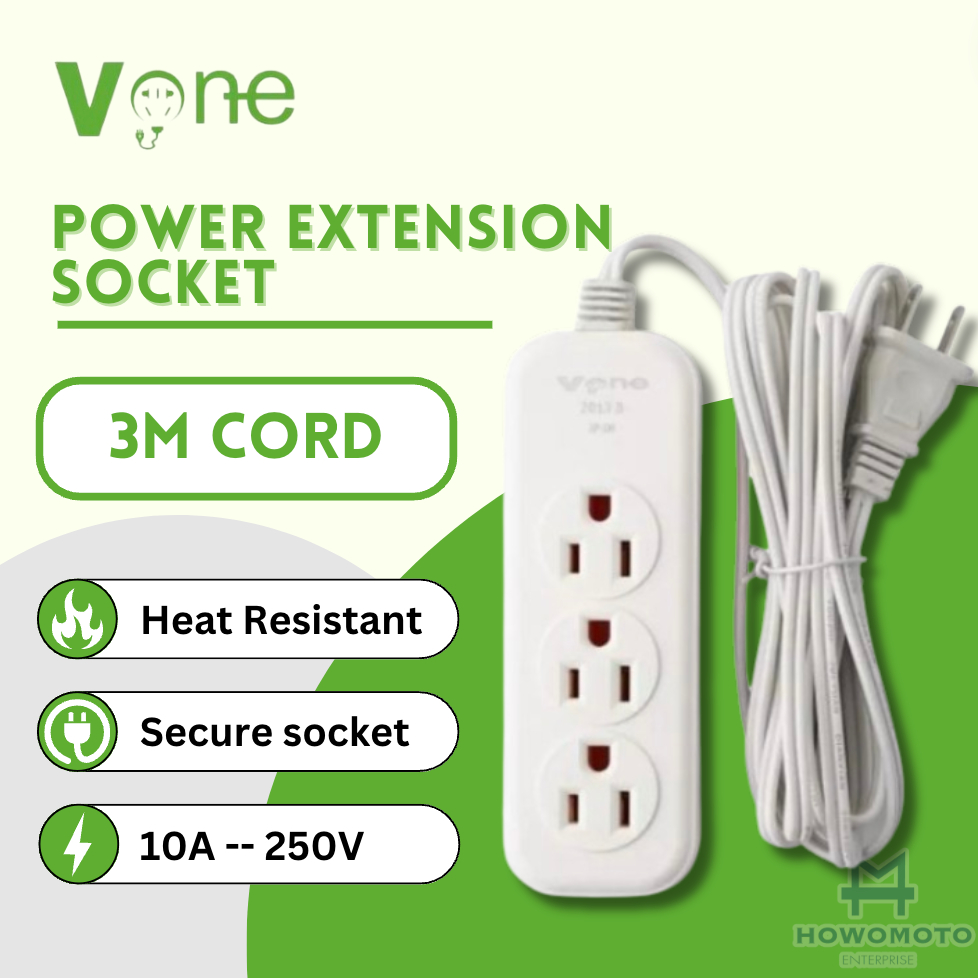 VONE Universal Extension Cord 3-Gang Power Socket Charging Port with 3M ...