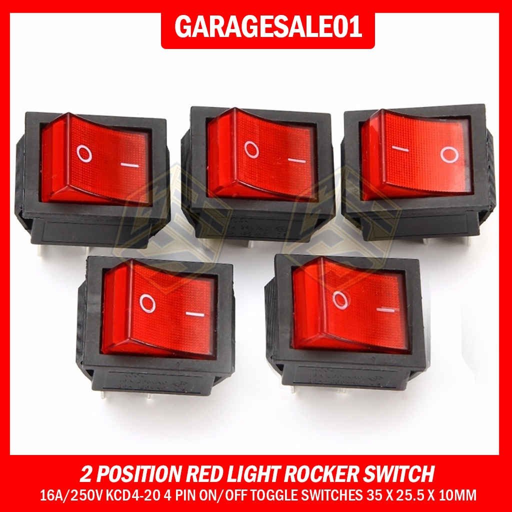 5pcs 2 Position Red Light Rocker Switch 16A/250V 4 Pin ON/OFF Toggle ...