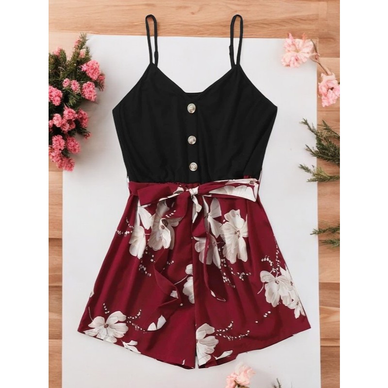 KYU Code KYSH150 Plus Spliced Floral Cami Romper (Belt Not Included ...
