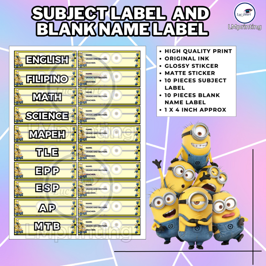 LUCSMART Prints NEW DESIGN MINIONS Inspired Sticker and Name Label Set ...