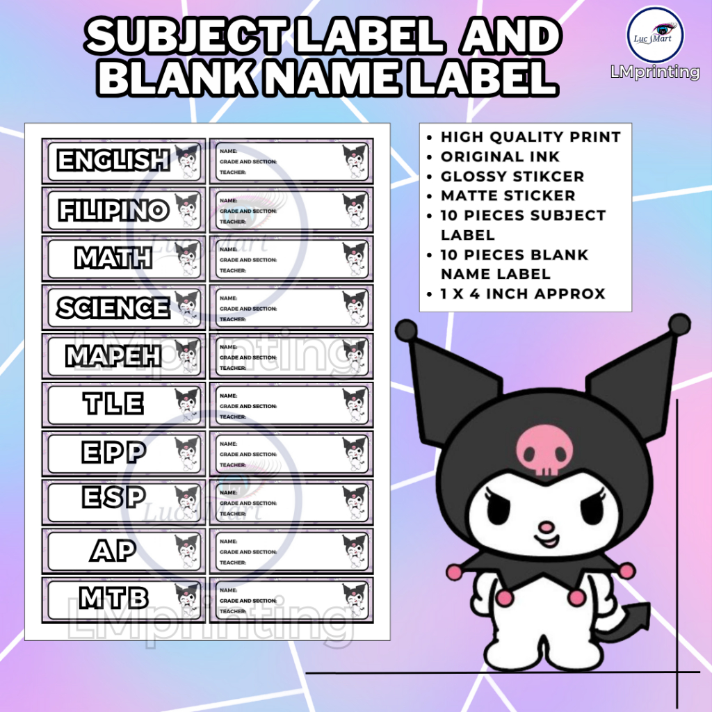 LUCSMART Prints KUROMI Inspired Sticker and Name Label Set with 10 ...