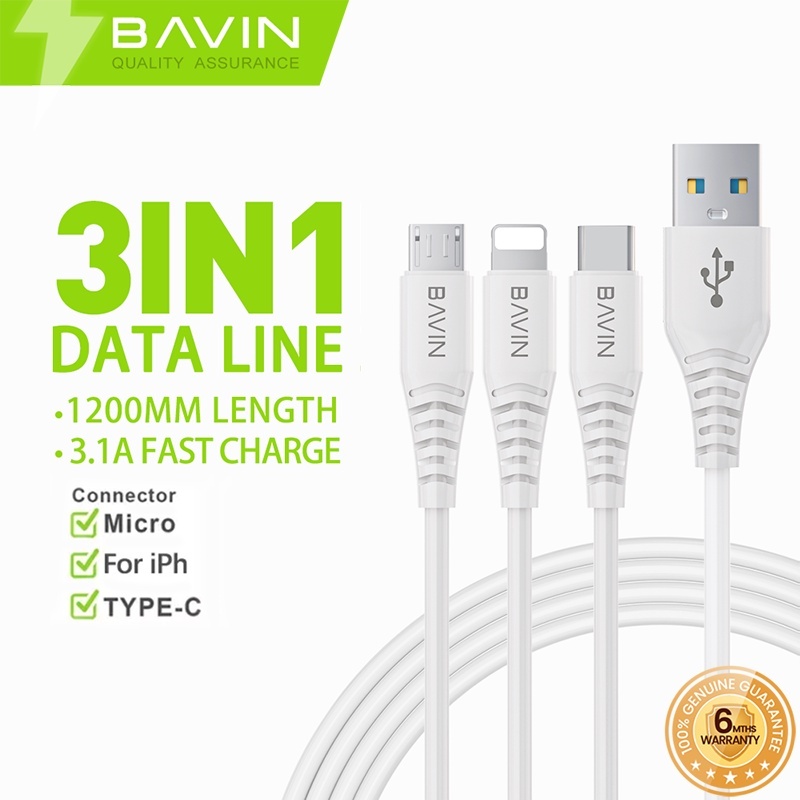 BAVIN CB206 3 in 1 Durable Cable 3.1A Multiple Fast Charging USB to ...