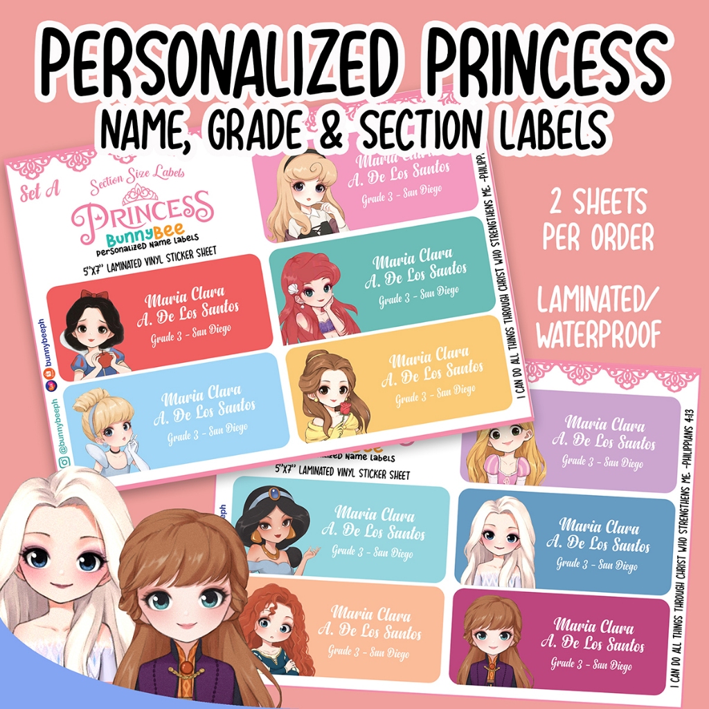 Personalized PRINCESS Name Grade & Section Labels Laminated Waterproof ...