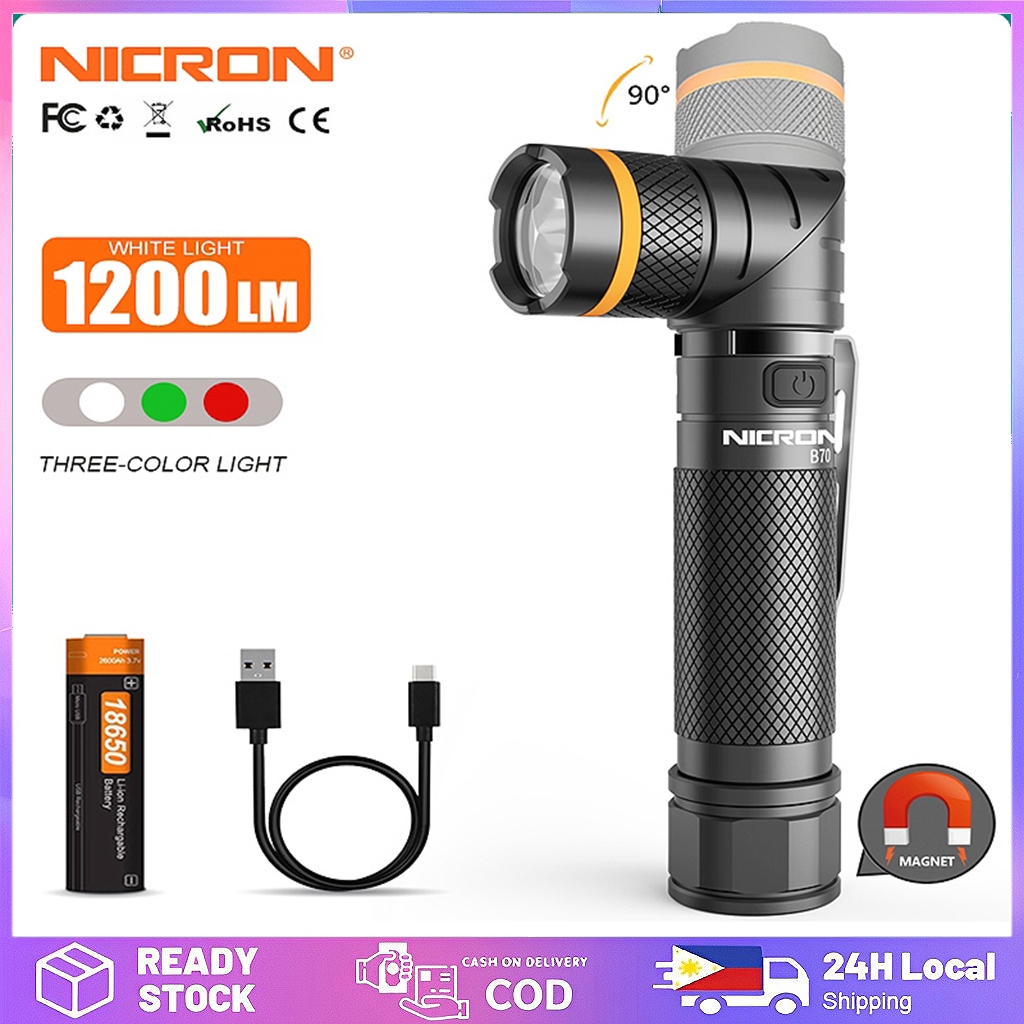 NICRON Led Flashlight B70E(N7) Handfree Dual Fuel 90° Twist Rotary Clip ...