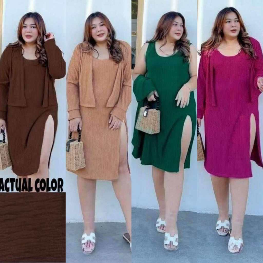 PLUS SIZE 2 PIECE IN 1 SET (SANDO DRESS WITH FRONT HIGH SLIT AND LONG ...