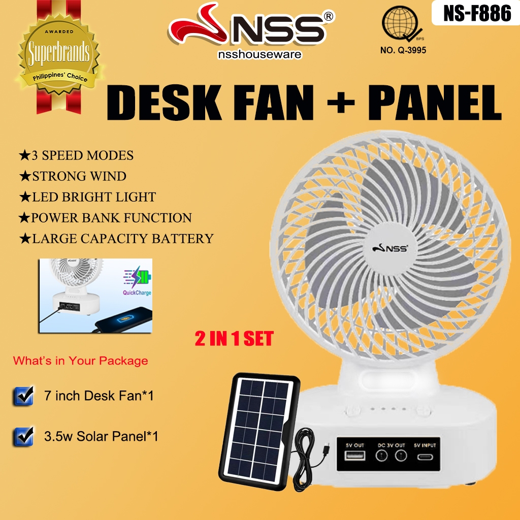 NSS Desk Fan With Solar Panel LED Light Rechargeable Fan Portable ...