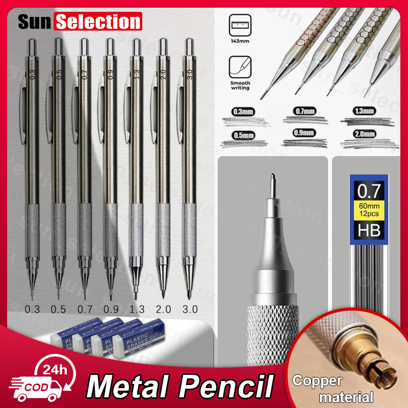 Metal Mechanical Pencil HB 0.3/0.5/0.7/0.9/1.3/2.0mm Automatic Pen Press Pencil Leads School ...