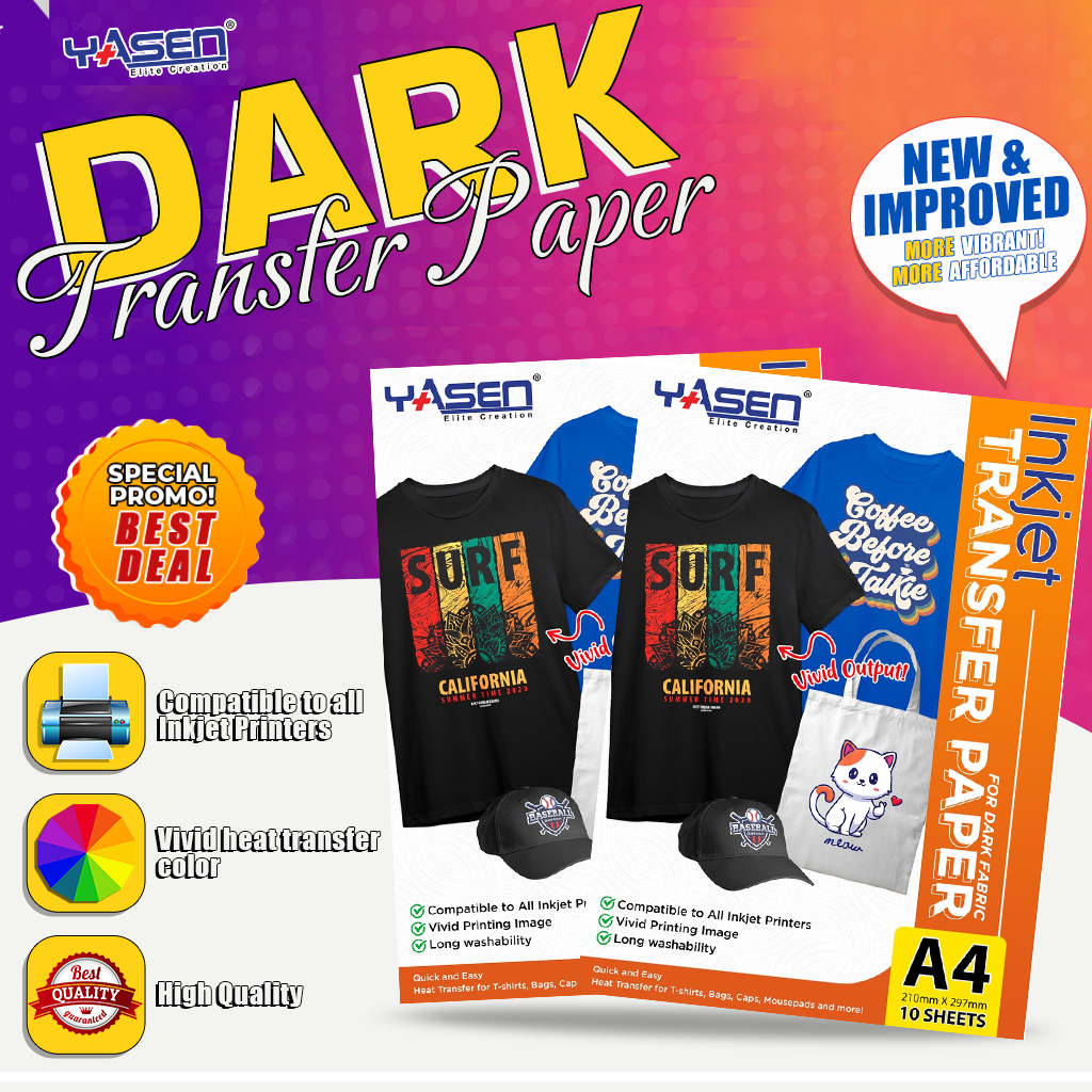 Yasen Dark Transfer Paper A4 Size (20 Sheets | 10 Sheet) Inkjet ...
