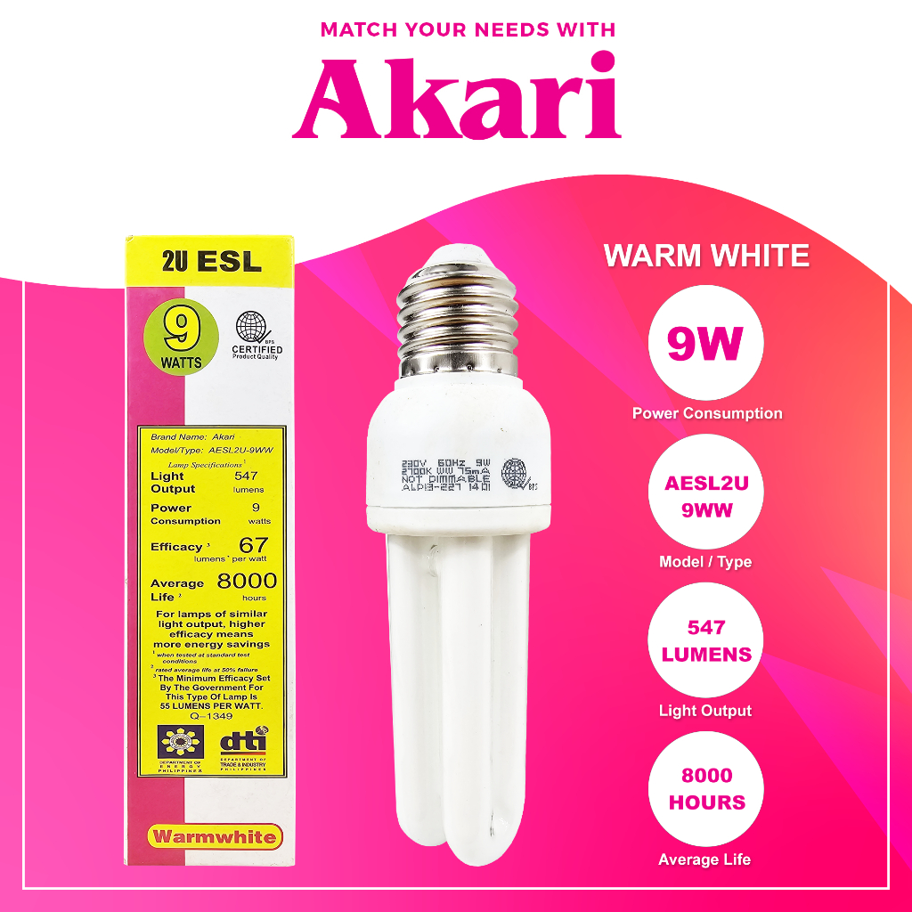 Akari 15, 13, 11, 9 Watts 2U ESL Compact Fluorescent - Warm White ...