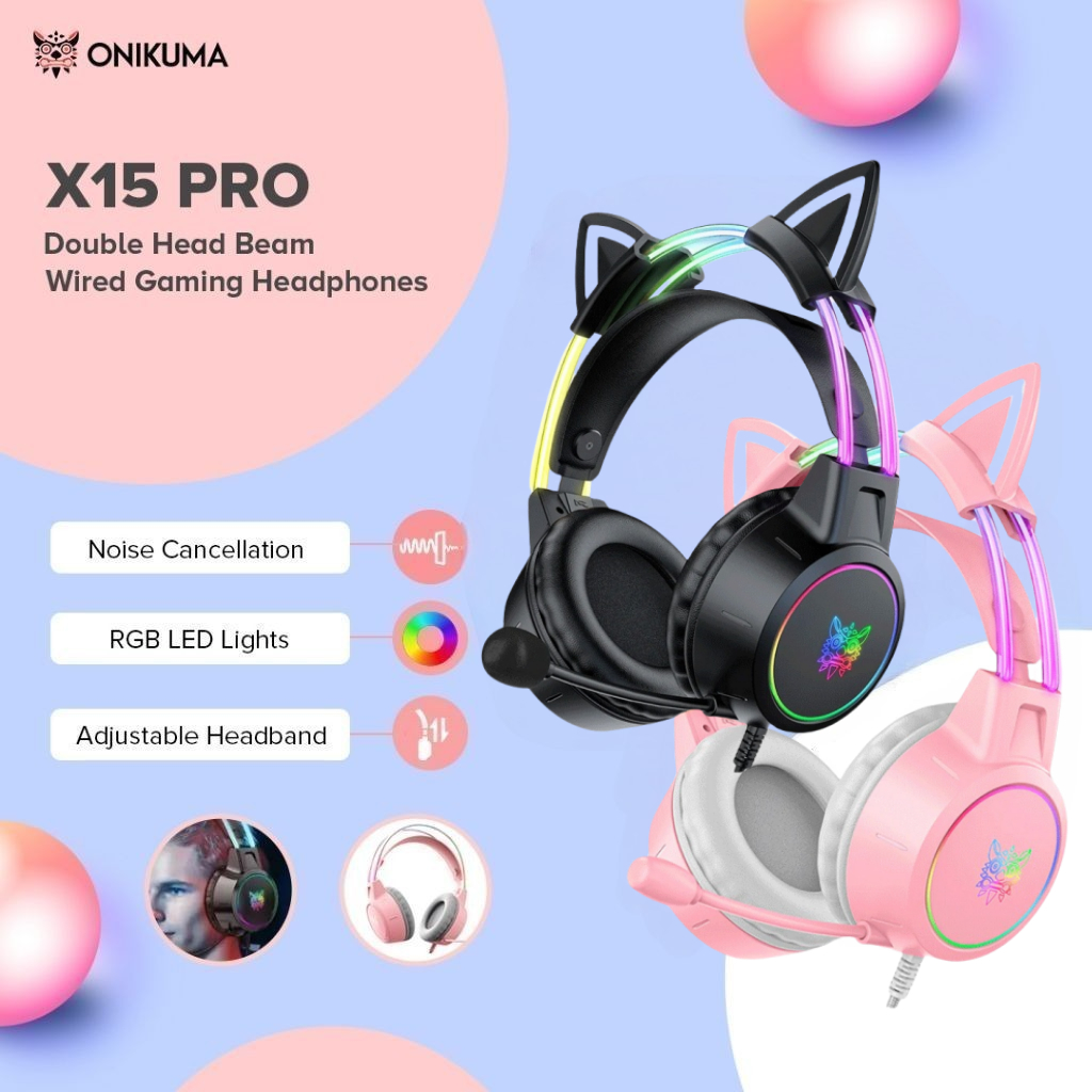 Onikuma X15 Pro Gaming Headset with Mic Noise Cancellation Cat Ear ...