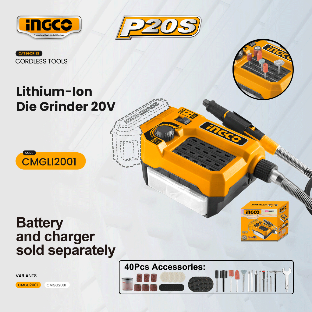 Ingco 20V Lithium-Ion Die Grinder with 40pcs Accessories and Variable ...